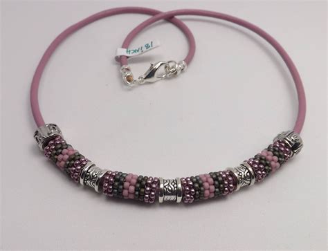 Peyote Beaded Bead Necklace In Lilac And Olive Green Sku Nk1013