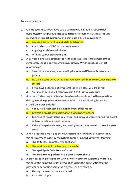 Reproductive Quiz Study Guide Reproductive Quiz On The Second Postoperative Day A Patient
