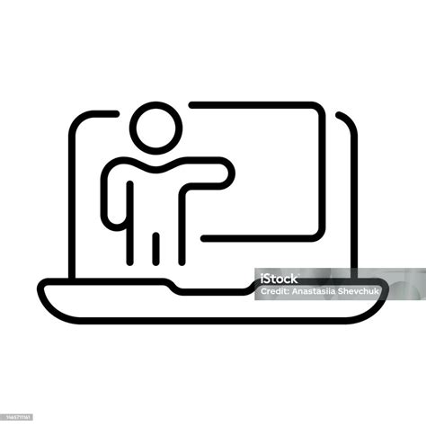 온라인 회의 라인 아이콘이 있는 노트북 원격 학습 원격 작업 노트북 직원 학생 지식 데이터 전송 정보 교환 팀워크 통신 개념입니다 벡터 선 아이콘 Brand Name