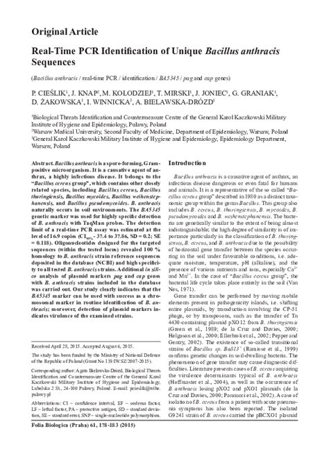 Pdf Real Time Pcr Identification Of Unique Bacillus Anthracis