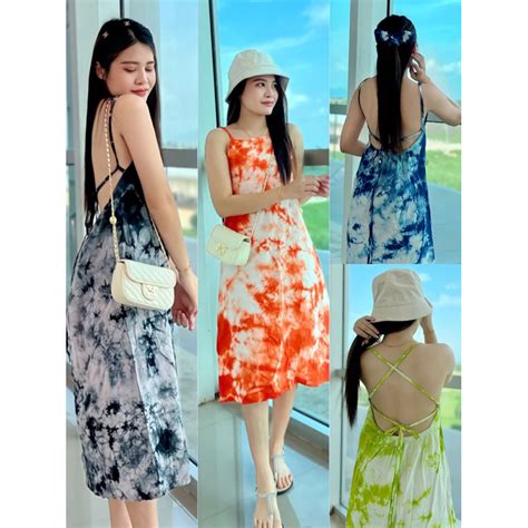 เดรสสายเดี่ยวมัดย้อม ทรงยาวโชว์หลัง สายผูกได้ 2 แบบ Shopee Thailand