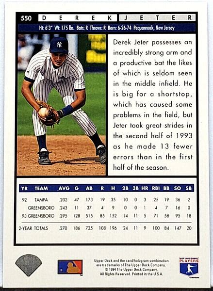 Derek Jeter Rookie Foil Top Prospects 1994 Upper Deck 550 Yankees