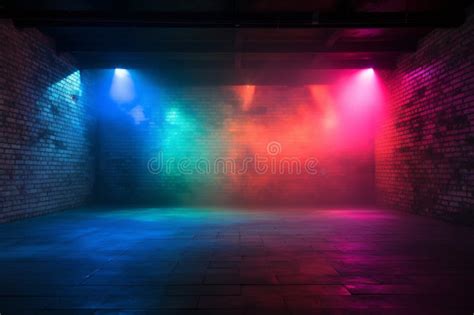 Empty Room With Brick Walls Concrete Floor Neon Lights Spotlight