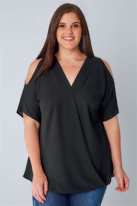 Black Cold Shoulder Wrap Front Blouse Plus Size 16 To 36