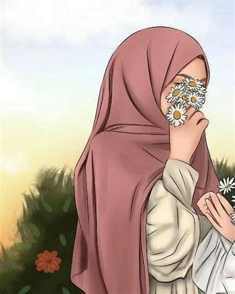 Download Hijab Cartoon White Flowers Wallpaper