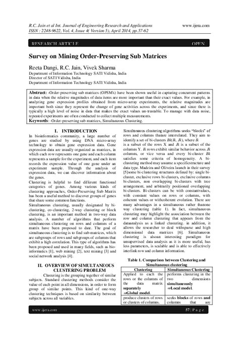 Pdf Survey On Mining Order Preserving Sub Matrices