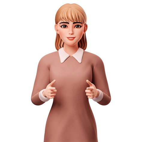 양손 3d 캐릭터 렌더 일러스트레이션을 사용하여 앞면을 가리키며 옷을 입은 카와이 여성 브라운 프리미엄 사진