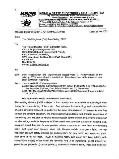 Letter To Cpmu Requesting Sanction For Otis Elevator At Idamalayar Pdf