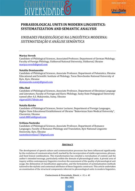Pdf Phraseological Units In Modern Linguistics Systematization And Semantic Analysis