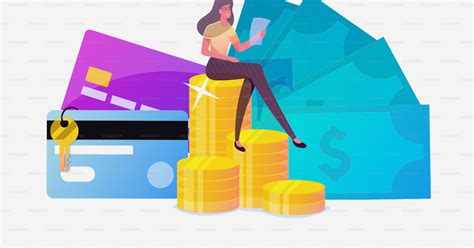 여자는 이혼 후 재산의 일부를 얻습니다 작은 만족한 여성 캐릭터는 거대한 황금 동전과 은행 카드와 열쇠에 앉아 있습니다 변호사 서비스 보호 이익 합법성 만화 벡터