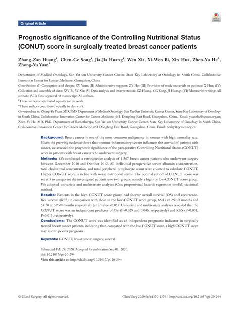Pdf Prognostic Significance Of The Controlling Nutritional Status Conut Score In Surgically