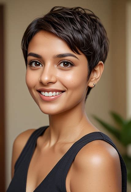 An Indian Pixie Cut Hair Woman Smiling Premium AI Generated Image