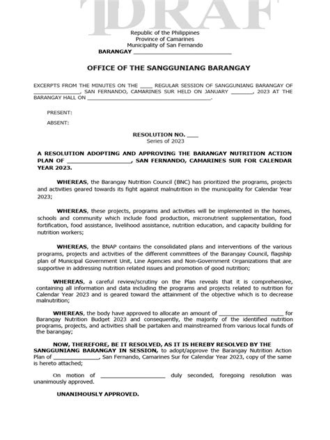 Resolution On Bnap Approval Pdf Malnutrition Nutrition
