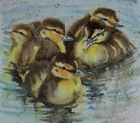 Ducklings By Sylvia Farrow Painting Animal Art Original Watercolors