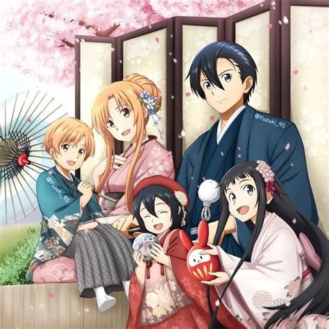 An Anime Scene With Three Women And One Man Sitting On A Bench In Front Of Cherry Blossom Trees