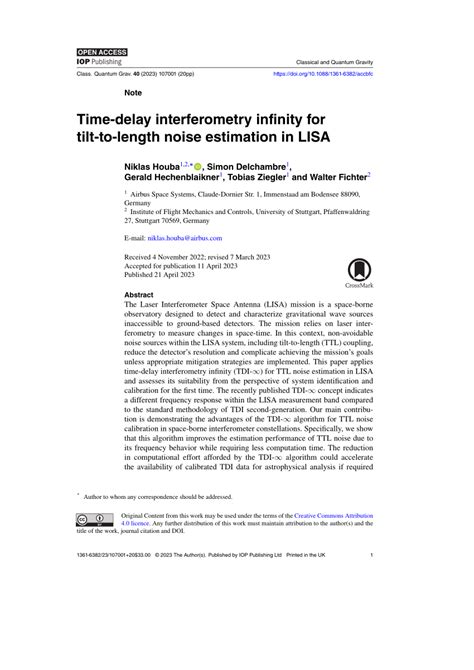 Pdf Time Delay Interferometry Infinity For Tilt To Length Noise Estimation In Lisa
