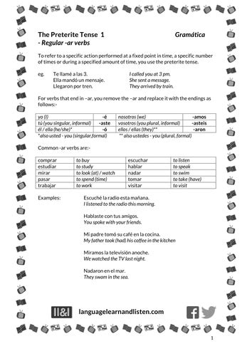 Preterite Tense Regular Ar Verbs Teaching Resources