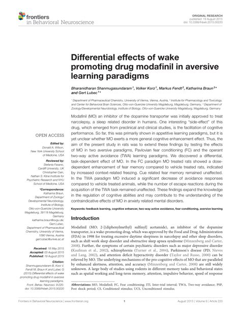 Pdf Differential Effects Of Wake Promoting Drug Modafinil In Aversive Learning Paradigms