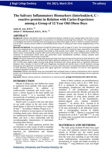 Pdf The Salivary Inflammatory Biomarkers Interleukin 6 C Reactive