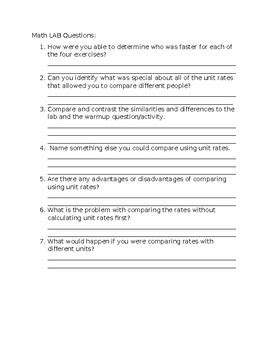 Unit Rates Activity Questions By Susan Wilder TPT