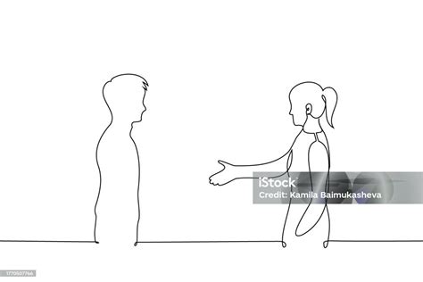 Woman And Man Stand Opposite Each Other Woman Extends Hand To Man One