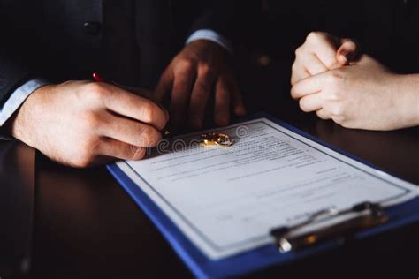 Merriage Divorce Process Separation Of Spouses In The Lawyer`s Cabinet People Sign Agreement