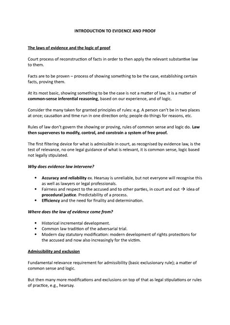 Evidence Law L1 Lecture Notes 1 8 Evidence Law 15 Th September