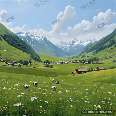 Ai创作图新疆风景画 手绘喀纳斯草原 新疆自然风光手绘 新疆旅游那拉提草原 喀拉斯草原 新疆风光壁纸 库尔德宁草原 夏季牧场草场羊群野花 新疆