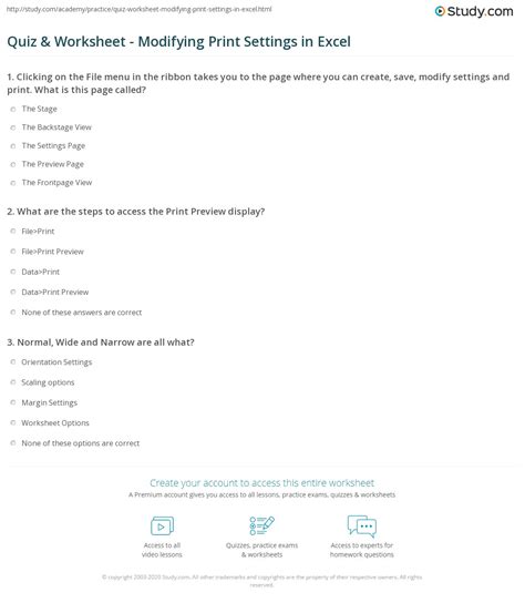 Quiz Worksheet Modifying Print Settings In Excel Study