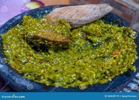 Typical Indonesian Spicy Sauce Called Sambal Ijo Grinded With