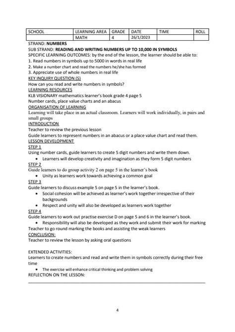 Grade 4 Mathematics Lesson Plans Term 1 2 And 3 Klb Visionary 14106