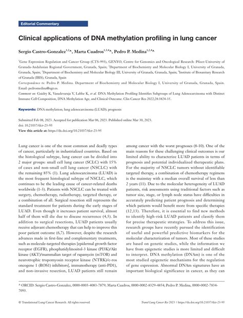 Pdf Clinical Applications Of Dna Methylation Profiling In Lung Cancer