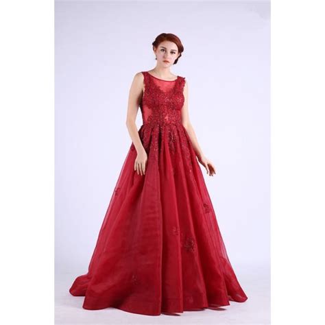 A Line Scoop Neck Sheer Back Long Red Organza Lace Beaded Prom Dress