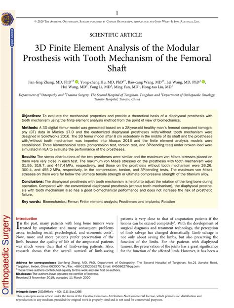 Pdf 3d Finite Element Analysis Of The Modular Prosthesis With Tooth