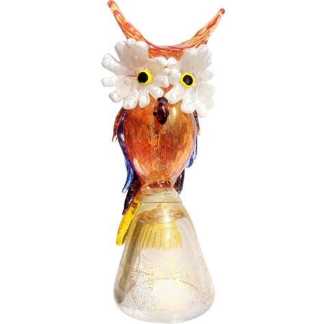 Avem Murano Gold Flecks Applied Feather Italian Art Glass Owl Bird