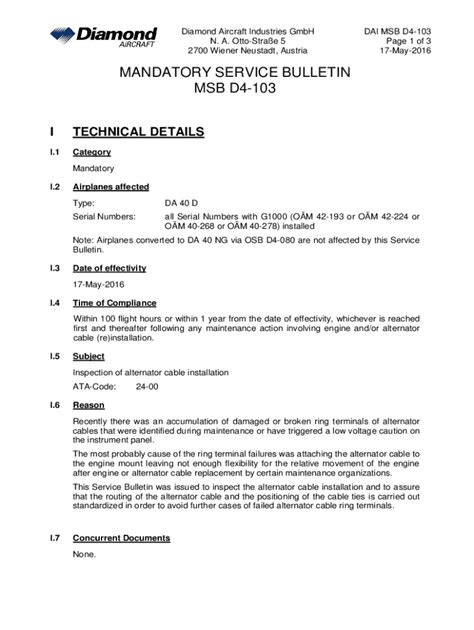 Fillable Online Mandatory Service Bulletin Msb D4 103 Fax Email Print