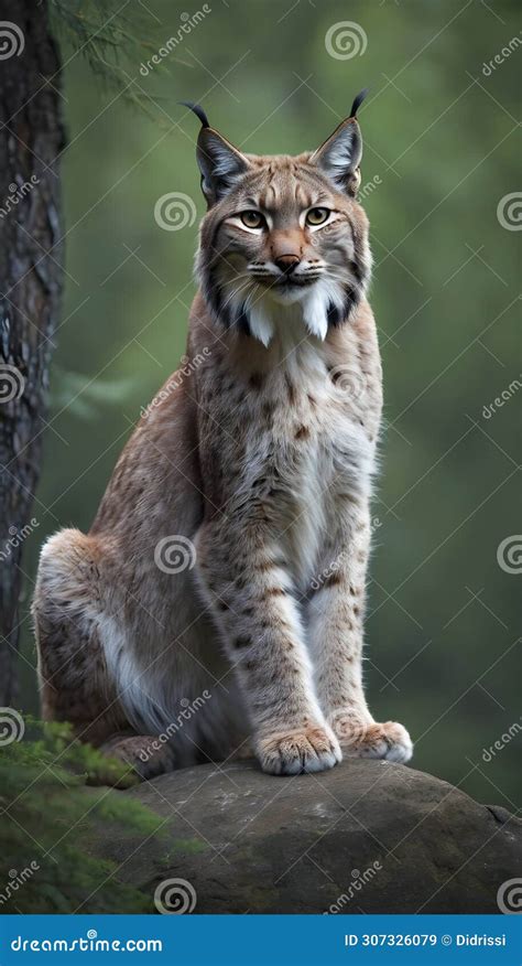 An Amazing Lynx Perched Atop A Rock Encircled By Foliage And Trees