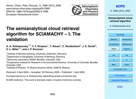 Pdf The Semianalytical Cloud Retrieval Algorithm For Sciamachy I
