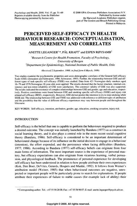 PDF Perceived Self Efficacy In Health Behaviour Research