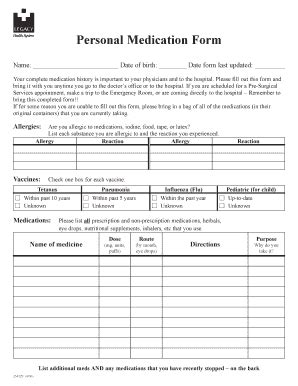 Personal Medication Form Blank Fillable Template Fill Out Print