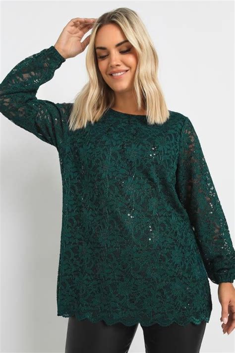 Yours Plus Size Forest Green Lace Scallop Hem Top Yours Clothing