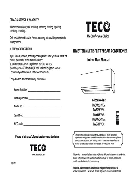 Fillable Online Inverter Multi Split Type Air Conditioner Indoor Fax Email Print Pdffiller