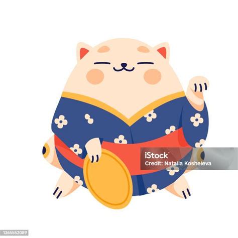 Ilustrasi Kartun Maneki Neko Datar Desain Spanduk Simbol Cerita Rakyat