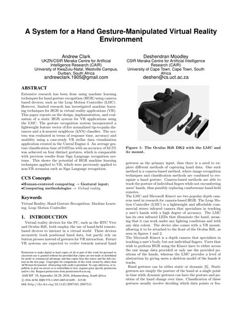 Pdf A System For A Hand Gesture Manipulated Virtual Reality Environment