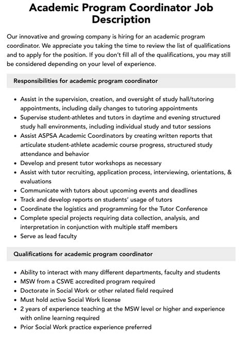 Academic Program Coordinator Job Description Velvet Jobs