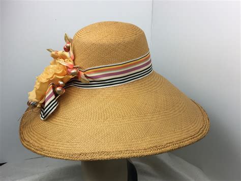 Panama Straw Hat Women Extra Wide Brim Gold Vintage Trim Sun Hat Garden