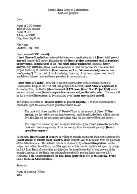 Sample Bank Letter Of Commitment Printable Pdf Download
