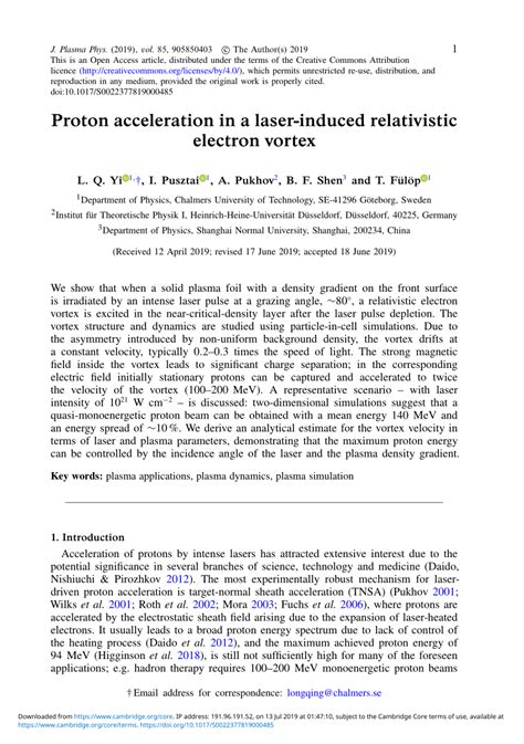 Pdf Proton Acceleration In A Laser Induced Relativistic Electron Vortex