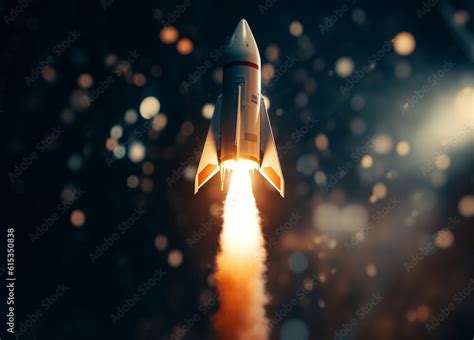 Space Ship Fire Dark Sky And Rocket In Take Off Adventure And