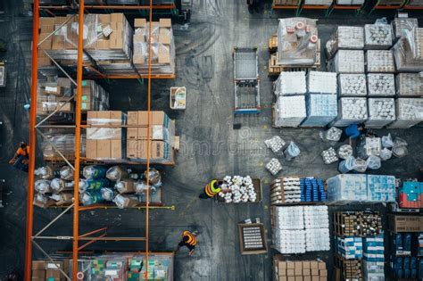 A Warehouse Filled With Boxes And Pallets With Workers Sorting And